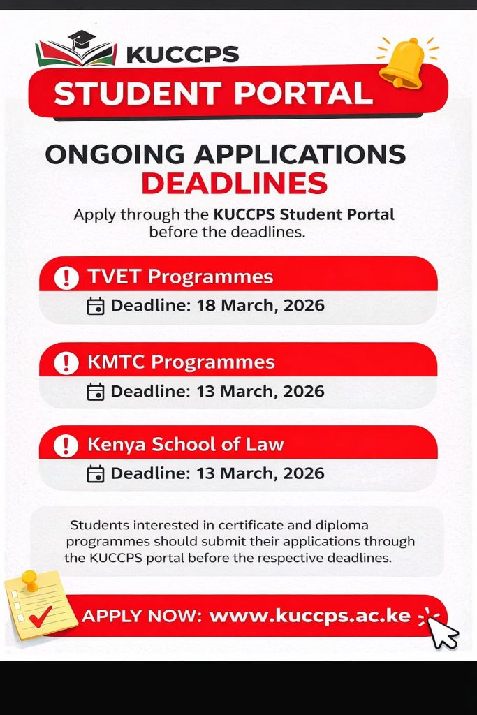 KUCCPS March 2026 application deadlines for TVET, KMTC, and Paralegal ...